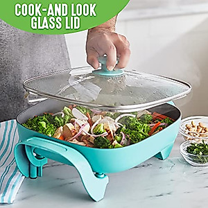 GreenLife Healthy Ceramic Nonstick, 12" 5QT Square Electric Skillet with Glass Lid, Dishwasher Safe, Adjustable Temperature Control, PFAS-Free, 8"D x 12"W x 6"H, 120 Volts, Turquoise