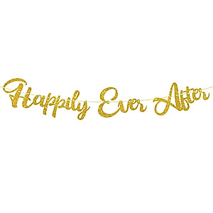 Dill-Dall Gold Glitter Happily Ever After Banner for Wedding Bachelorette Bridal Shower Engagement Party Hanging Decorations Sign