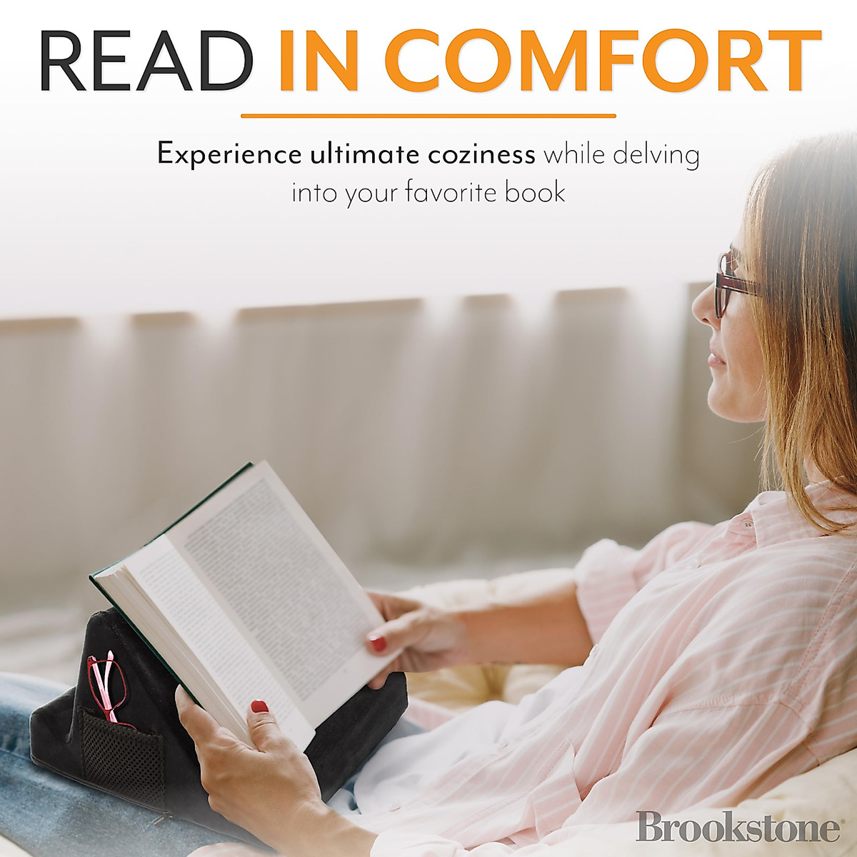 Brookstone - Memory Foam Lap Desk Tablet Holder, Holds Phones, iPads, E-Book Readers, 2 Viewing Angles, 2 Side Pockets for Accessories, Book Holder Cushion, Perfect for Home, Car Travel & Flights