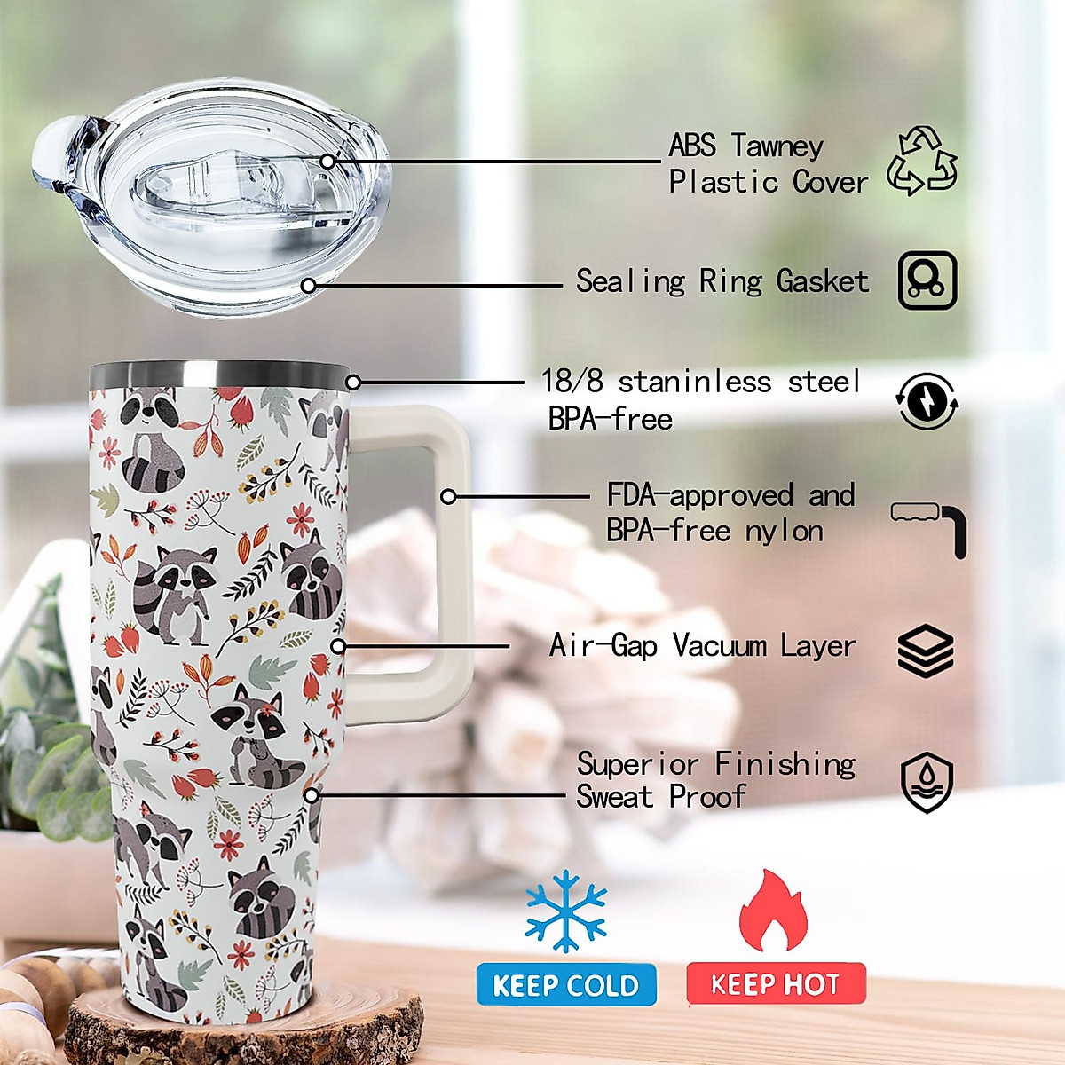 wmvhdiw 30 Oz Racoon Tumbler With Handle, Racoon Decor Coffee Travel Mug Cup Water Bottle, Gifts for Women