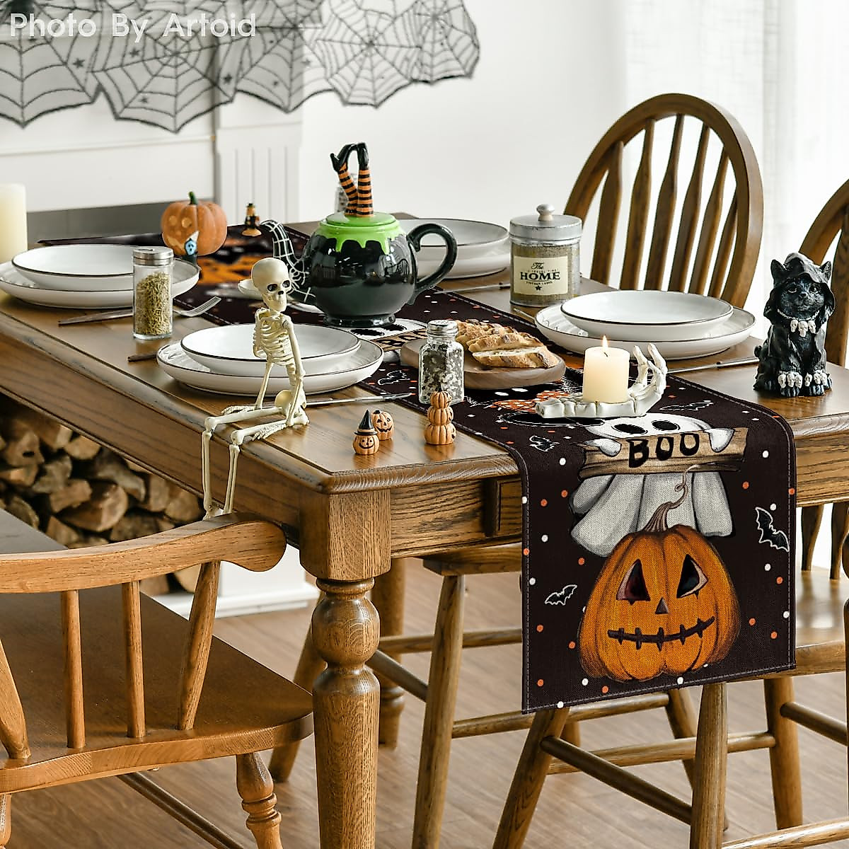 Artoid Mode Polka Dot Ghost Pumpkin Cat Boo Halloween Table Runner, Bat Seasonal Fall Kitchen Dining Table Decoration for Home Party Decor 13x72 Inch