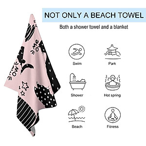 Black Cats Hearts Microfiber Absorbent Lightweight Beach Towels Fast Dry Oversized Sand Free Beach Blanket 31x51in for Swimming Camping Travel Gym and Yoga