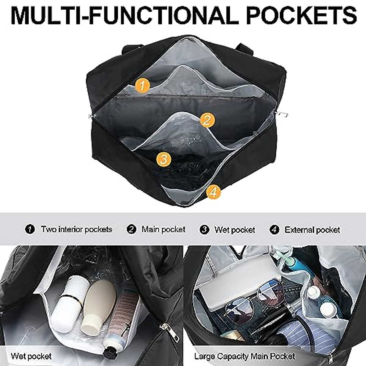 YGR Travel Duffel Bag, Personal Item Bag for Spirit Airlines, Foldable Sports Tote Gym Bag, Carry on Luggage Shoulder Bag, Weekender Overnight Bag for Women and Men, Black