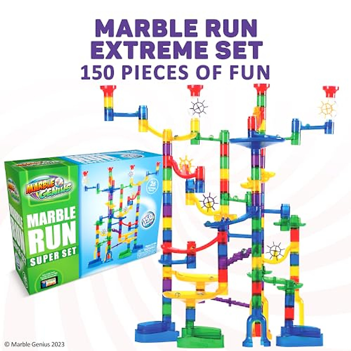Marble Genius Marble Run - Maze Track Easter Toys for Adults, Teens, Toddlers, or Kids Aged 4-8 Years Old, 150 Complete Pieces (85 Translucent Marbulous Pieces + 65 Glass-Marble Set), Super Set
