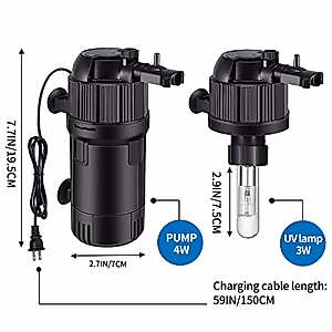 UV Filter for Aquarium, 3W Mini Internal UV with Power Head, 105 GPH 5 in 1 Fish Tank Aqua Filter, Green Water Killer Filter, Submersible Aqua Pump