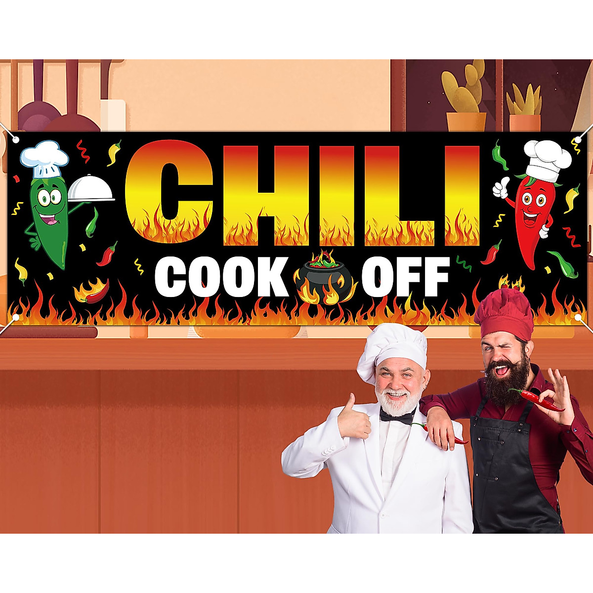 QOUBAI Chili Cook Off Decorations Banner 71 x 24 Inches Black Hot Chili Pepper Contest Banner Chili Cook Off Party Supplies for Mexican Fiesta Cinco De Mayo Chili Cooking Competition Festival Prizes