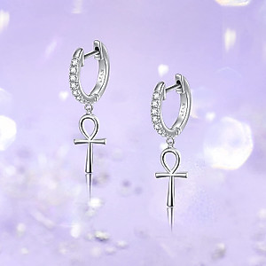 S925 Sterling Silver Ankh Cross Huggie Hoop Dangle Drop Earrings for Women Men Jewelry