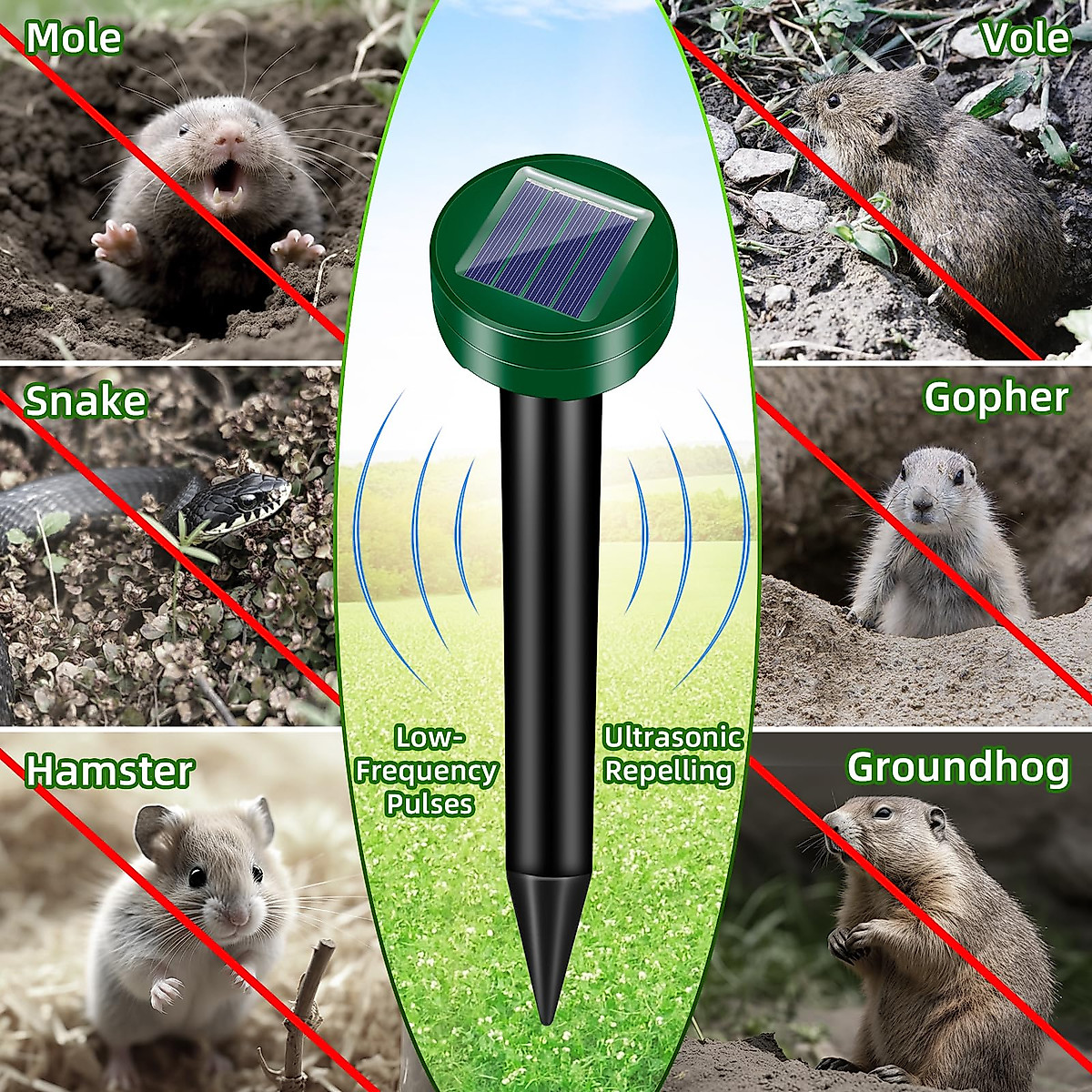 8 Pcs Solar Mole Repellent Spikes 2024 Ultrasonic Animal Repellent Outdoor Waterproof Solar Sonic Burrowing Mole Deterrent Stake to Repel Groundhog Mole Vole Armadillo Gopher Snake for Yard Lawn