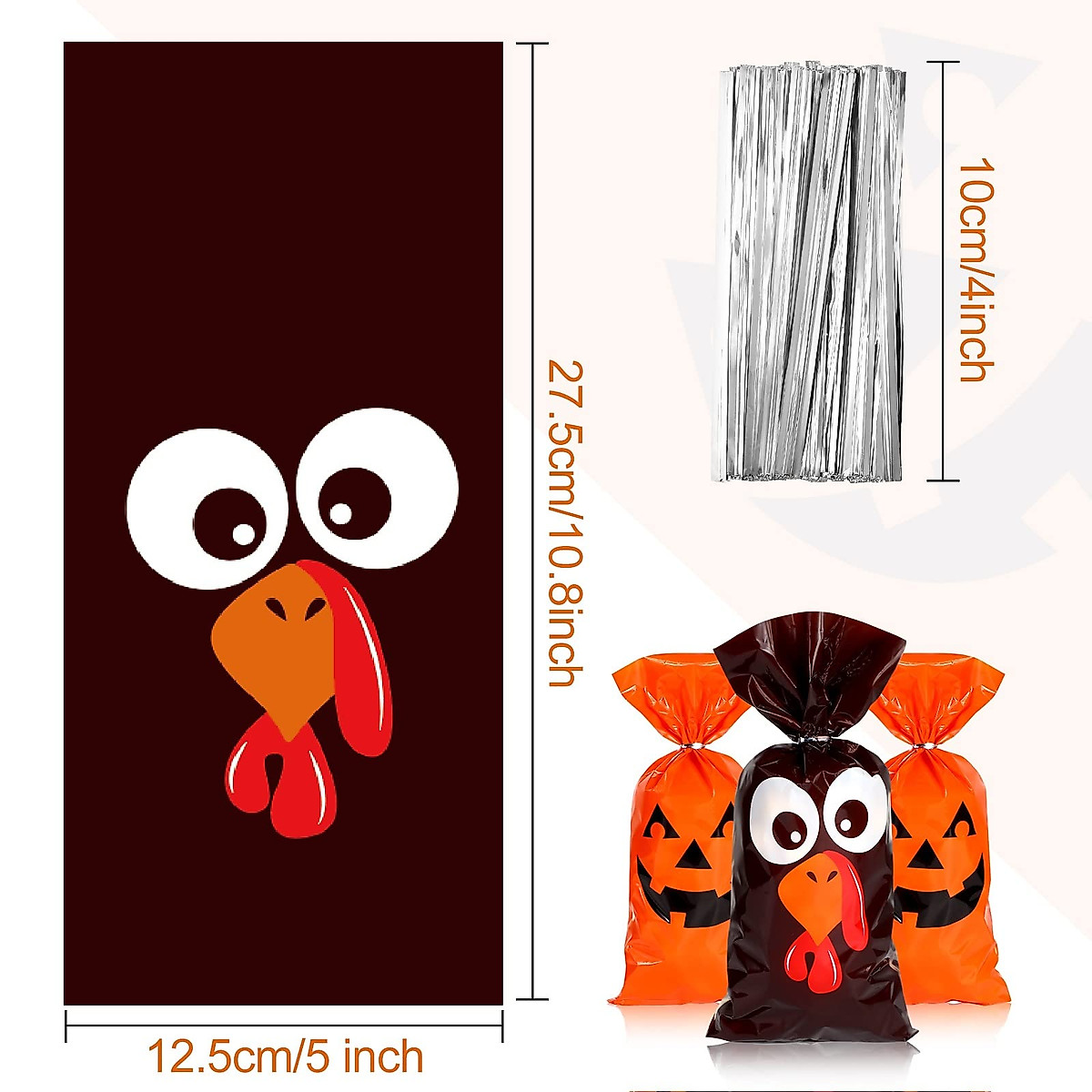 100 Pcs Thanksgiving Treat Bags 10.8'' x 5'' Pumpkin Turkey Candy Bags Fall Funny Face Cellophane Goodies Bags with 100 Twist Ties for Halloween Trick or Treat Fall Thanksgiving Party Supplies