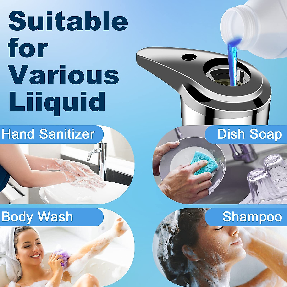 Automatic Soap Dispenser, Touchless 3-Level Adjustable Hand Sanitizer Dispenser, Equipped Upgraded Waterproof Base Infrared Sensor, Stainless Steel Liquid Soap Dispenser for Kitchen Bathroom (280ml)