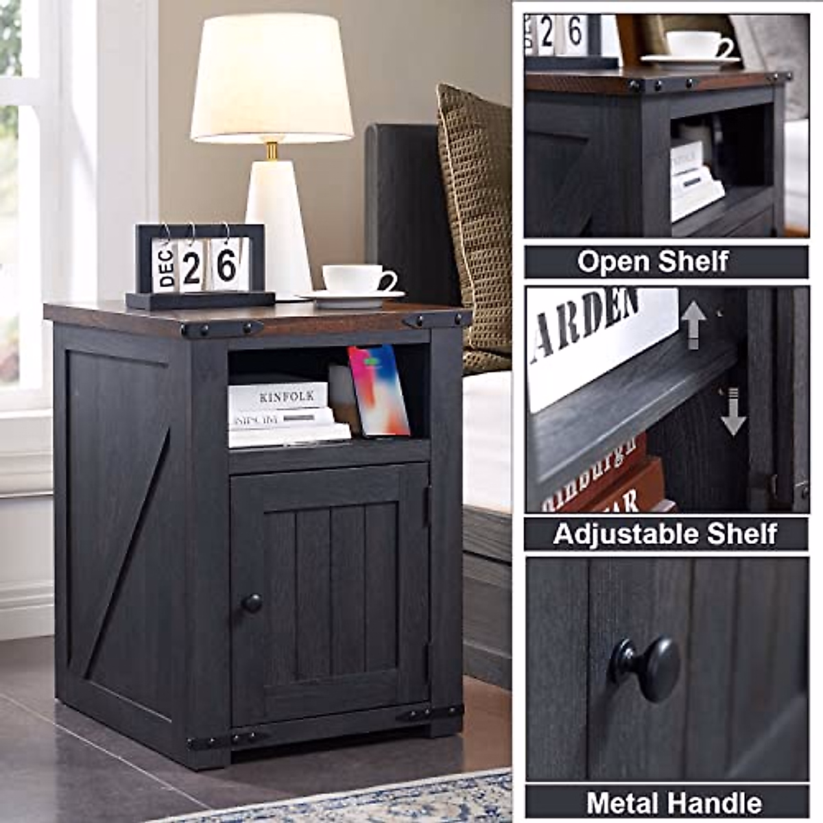 SinCiDo Nightstand with Charging Station, 20" Farmhouse End Table w/Groove Barn Door, Rustic Wood Sofa Side Bedside Table w/Open & Adjustable Shlef for Bedroom, Living Room, Dark Grey