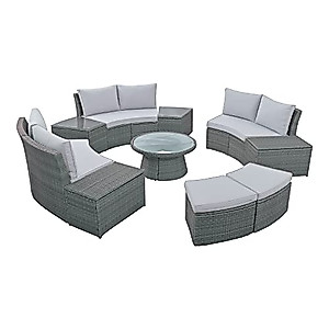 DHPM 10-Piece Half-Moon Sectional Patio Furniture Set Curved Outdoor Sofa with Tempered Glass Round Coffee Table, Light Gray