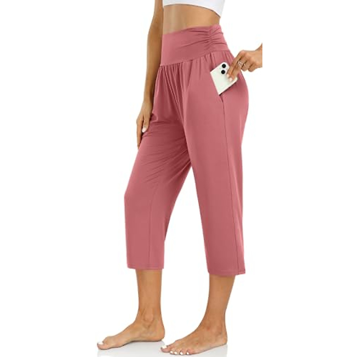 UEU Women's Elastic High Waist Capri Plus Casual Summer Loose Fit Wide Leg Yoga Pants Maternity Lounge Capris Sweatpants Pockets(DustyRose,2XL)