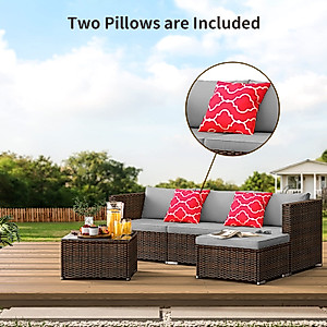 Qsun Outdoor Patio Sofa Set PE Wicker Rattan Sectional Conversation Sofa with a Glass Coffee Table for Backyard Porch Poolside Patio(Brown Rattan, Grey Cushion)