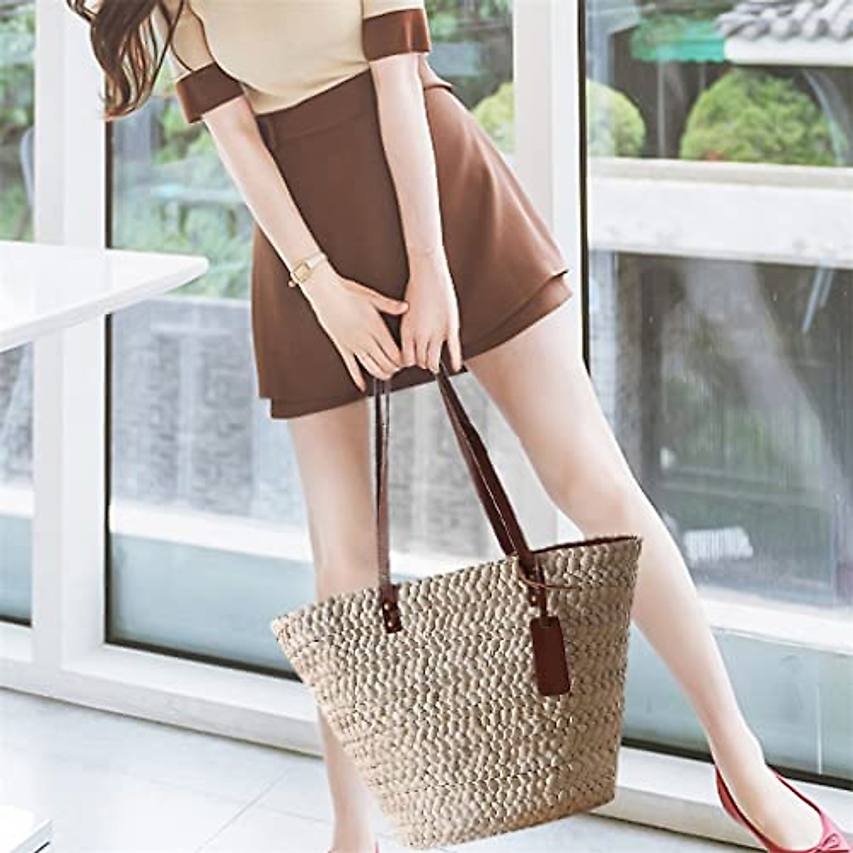 YFQHDD Summer Straw Bags Women Handmade Woven Basket Shoulder Bags Beach Travel Large Capacity Tote Bags (Color : Photo Color, Size : One Size)