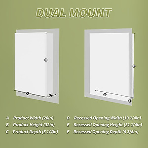 ES-DIY Lighted Medicine Cabinet 20 x 32 Inch, Recessed or Surface led Medicine Cabinet, Clock, Room Temp Display,Defog,Night Light,Stepless Dimming,3000K-6400K, Outlets & USBs,Hinge on The Right