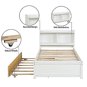 Olela Twin Bed with Trundle Bookshelf, Platform Twin Bed with Trundle with Bookcase Storage for Girls Boys, No Need Box Spring (White)