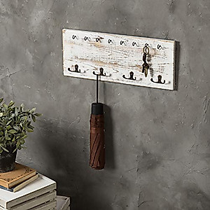 MyGift Wall Mounted White Washed Solid Wood Entryway Coat Hanger and Key Holder Organizer Rack with 16 Hooks, Farmhouse Style Wall Hanging Laynard, Leash, Personal Mask Storage Hooks