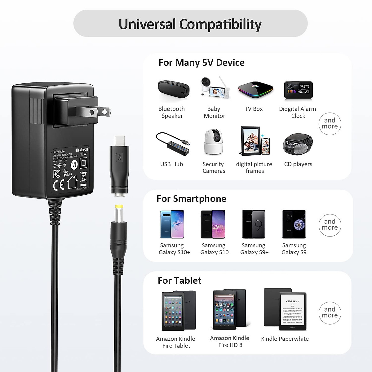 Basicvolt 5V 2A AC Adapter, Versatile 5Volt 2Amp Power Supply Wall Charger Power Adapter w/ 8 Tips for Camera, BT Speaker, GPS, USB Hub, TV Box, Webcam, Router and More 5V Electronics