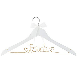 Ella Celebration Bride to Be Wedding Dress Hanger Wooden and Wire Hangers for Brides Gowns, Dresses (White with Light Gold and Bow)