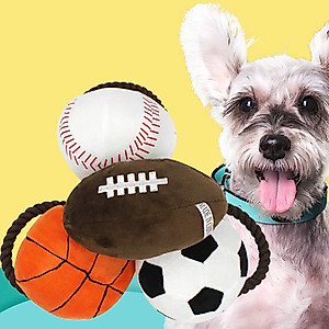 Cotton Rope Basketball Football Plush Doll Chewing Toy,Chewable Squeaky Toy for Pet Dog Cats - Baseball/Basketball/Football/Rugby
