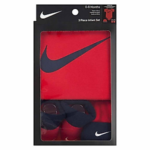 Nike Baby Hat, Bodysuit and Booties 3-Piece Gift Box Set, Red Swoosh, 0/6M