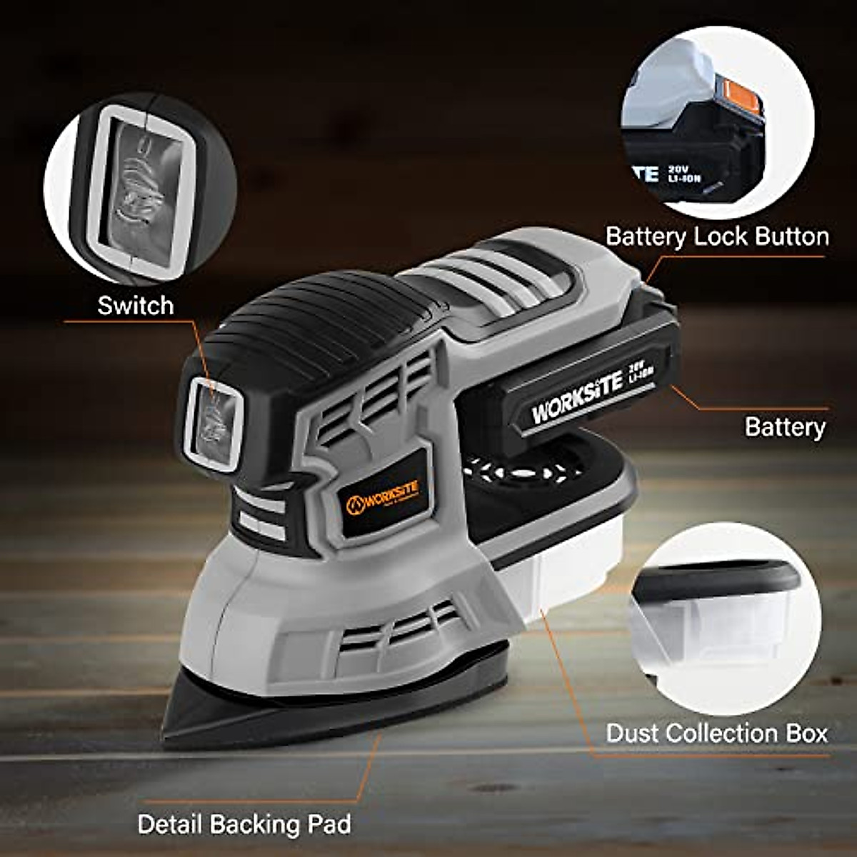 WORKSITE 20V MAX Cordless Random Orbital Sander & Detail Sander, Multi-Purpose Hand Sander w/2.0A Battery & Charger, 20pcs Sanding Discs, Dust Collector and Mouse Pad