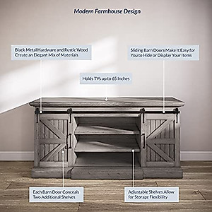 BELLEZE Modern 60 Inch Farmhouse Coffee Bar Cabinet with Storage Sliding Barn Door Sideboard Kitchen Buffet Storage Cabinet with Adjustable Shelves, Gray Wash