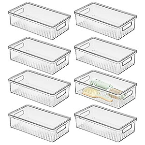 mDesign Plastic Stackable Bathroom Cabinet Storage Bin with Handles/Lid - Bin for Vanity, Countertop, Drawer Organization - Hold Soap, Towels, Accessories, Ligne Collection, 8 Pack, Clear