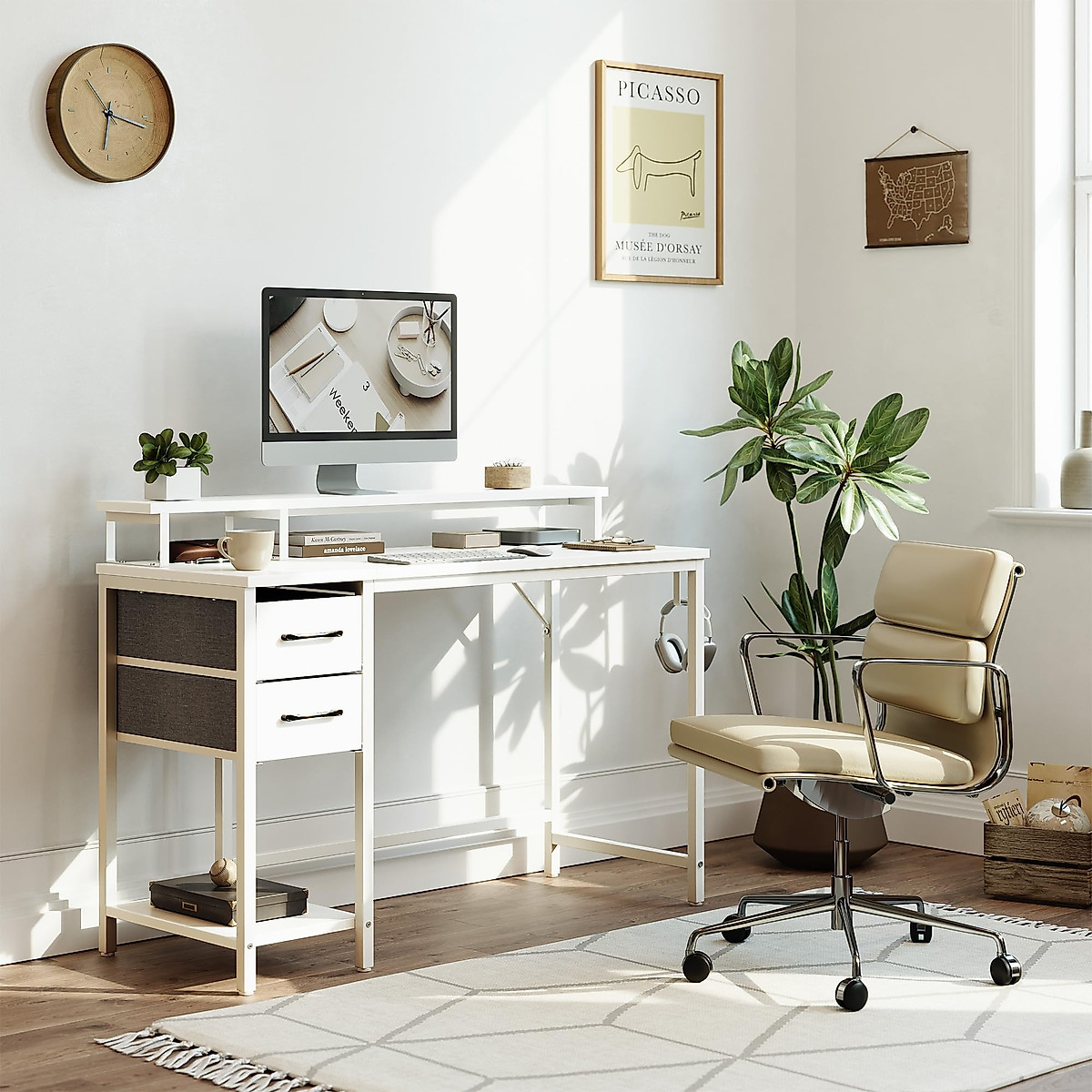 CubiCubi Computer Desk with Drawers, 47 Inch Reversible Office Desk with Monitor Stand and Storage Shelves, Work Writing Study Desk Table for Home, White