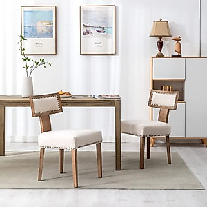 CIMOO Mid Century Modern Dining Chairs Set of 2 Linen Upholstered Dining Chairs Farmhouse Dining Room Chairs with Nailhead Trim Back Wood Legs, Beige and Natural