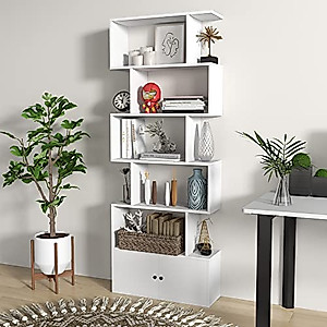 Tangkula S Shaped Bookshelf with Cabinet, 6-Tier Bookcase with Doors, Freestanding Geometric Bookshelves for Living Room, Anti-toppling Device, Home Office Décor Wooden Storage Display Shelf