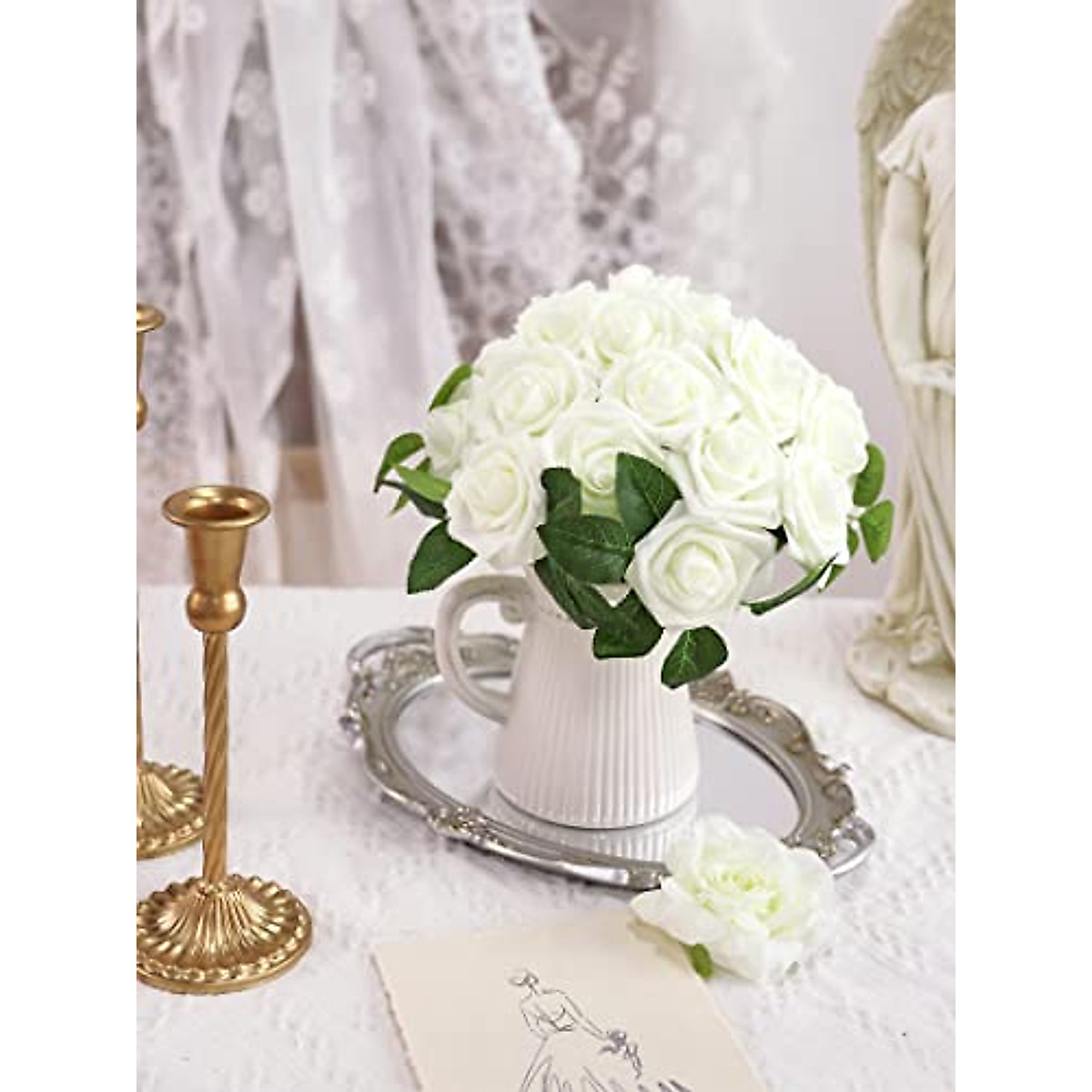 JPSOR White Roses Artificial Flowers 25pcs Foam Fake Roses with Stems for DIY Wedding Bouquets Floral Arrangements Table Centerpieces Home Decorations (Ivory)
