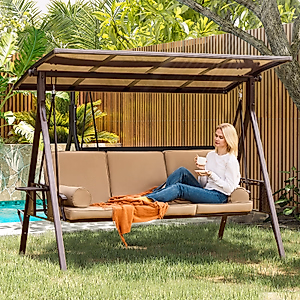 YOLENY 71in Outdoor Porch Swing with Hardtop, 3 Seat Patio Swing with 2 Side Cup Holder, Convertible Backrest Swing Bed with Cushion, 2 Pillows for Front, Porch, Lawn