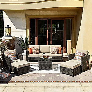 XIZZI Patio Furniture Sets,Outdoor Sectional Furniture with 2 Pillows,Garden Sofa Set with Glass Table (6 Pieces, Beige)