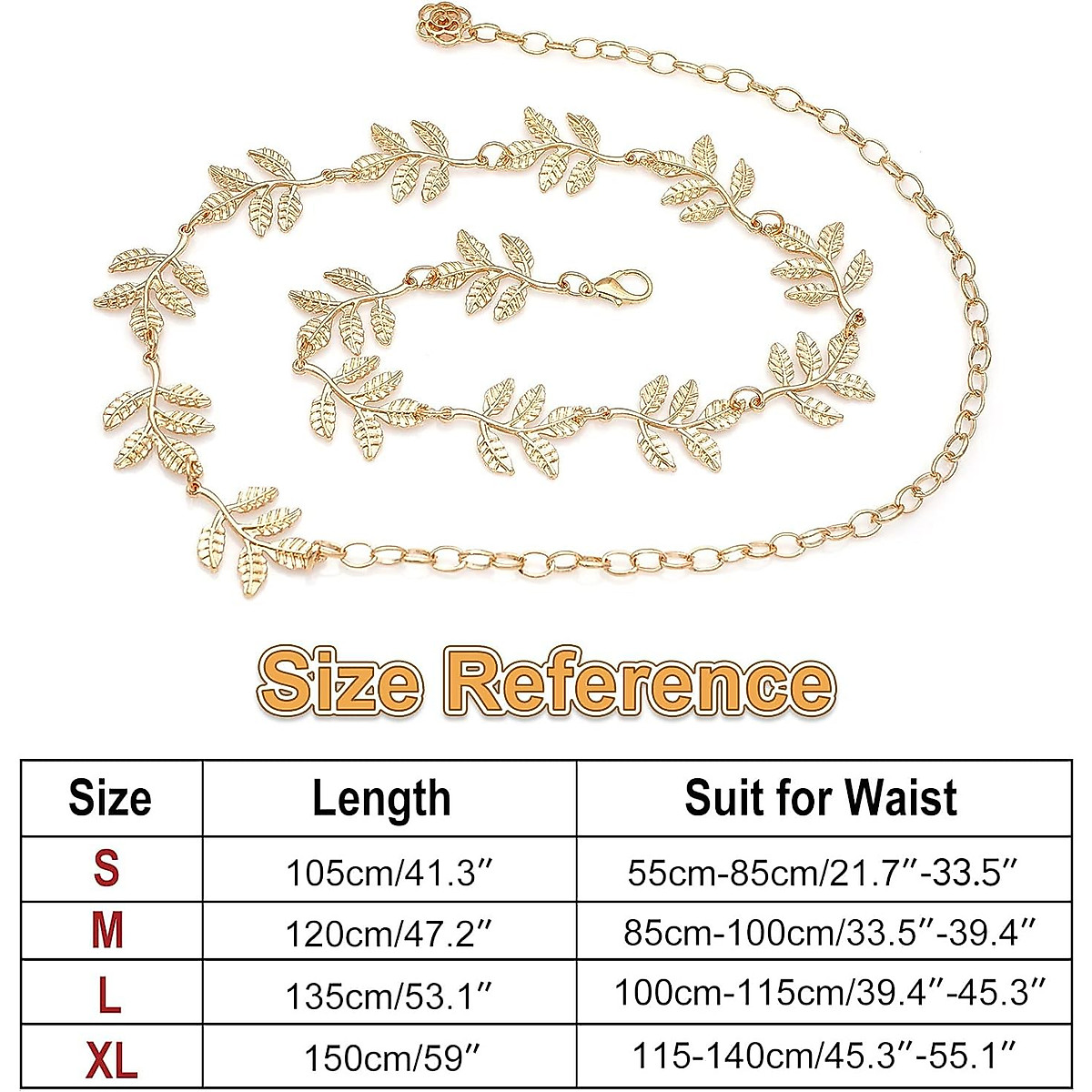 HIQUACC Metal Waist Chain Body Belly Belt Chains Jewelry Accessories for Women Girls (Leaf Gold-S)