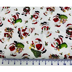 Cotton Fabric Tossed Santas and Christmas Trees 4130WHITE Christmas Fabric by The Yard