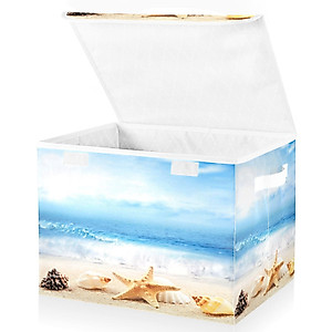 DIGTIA Storage Bins with Lids Beach Theme Seashell Foldable Storage Boxes with Handles Starfish Ocean Wave Large Storage Basket Collapsible Organizer Containers for Closet Home Bedroom Office