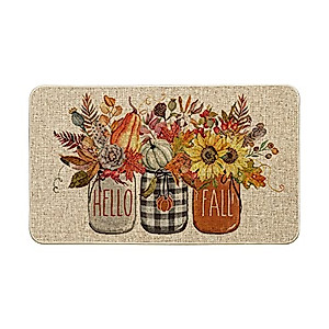 Artoid Mode Hello Fall Vases Decorative Doormat, Thanksgiving Pumpkin Sunflower Flower Low-Profile Floor Switch Mat for Indoor Outdoor 17x29 Inch