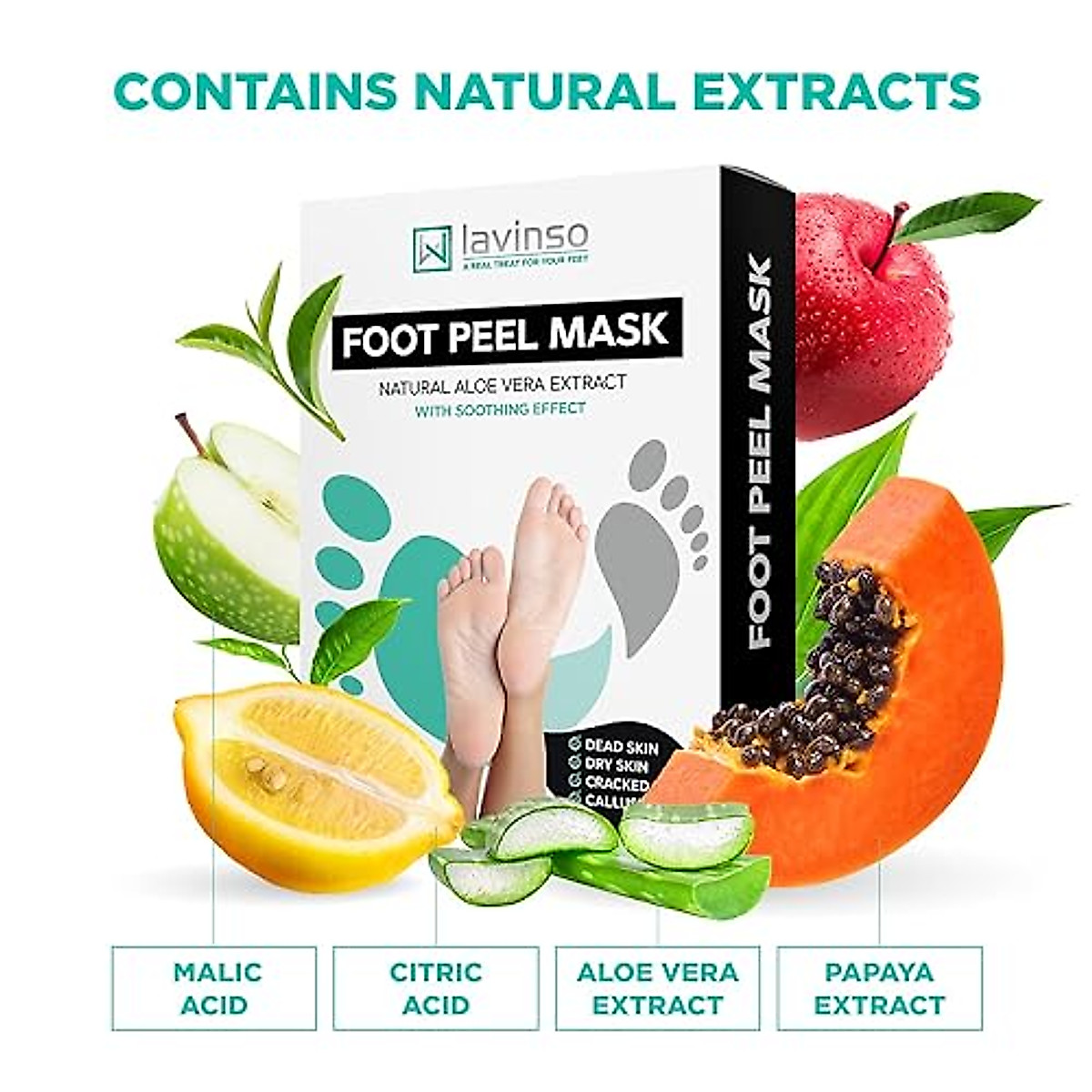 Lavinso Foot Peel Mask for Dry Cracked Feet – 2 Pack Dead Skin Remover and Callus - Exfoliating Peeling Soft Baby Feet, Original Scent