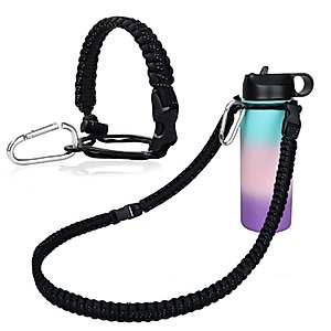 WEREWOLVES Paracord Handle with Shoulder Strap - Fits Wide Mouth Water Bottles 12oz to 64oz - Durable Carrier, Water Bottle Handle Strap with Safety Ring, Compass and Carabiner (Black)