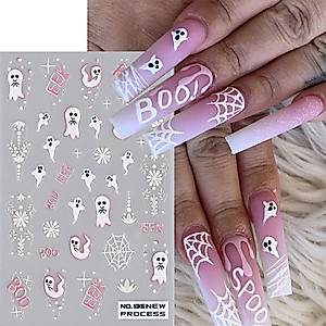JMEOWIO 6 Sheets Pink Halloween Nail Art Stickers Decals Self-Adhesive Pegatinas Uñas Cute Skull Horror Ghost Witchy Spider Web Bat Spook Nail Supplies Nail Art Design Decoration Accessories