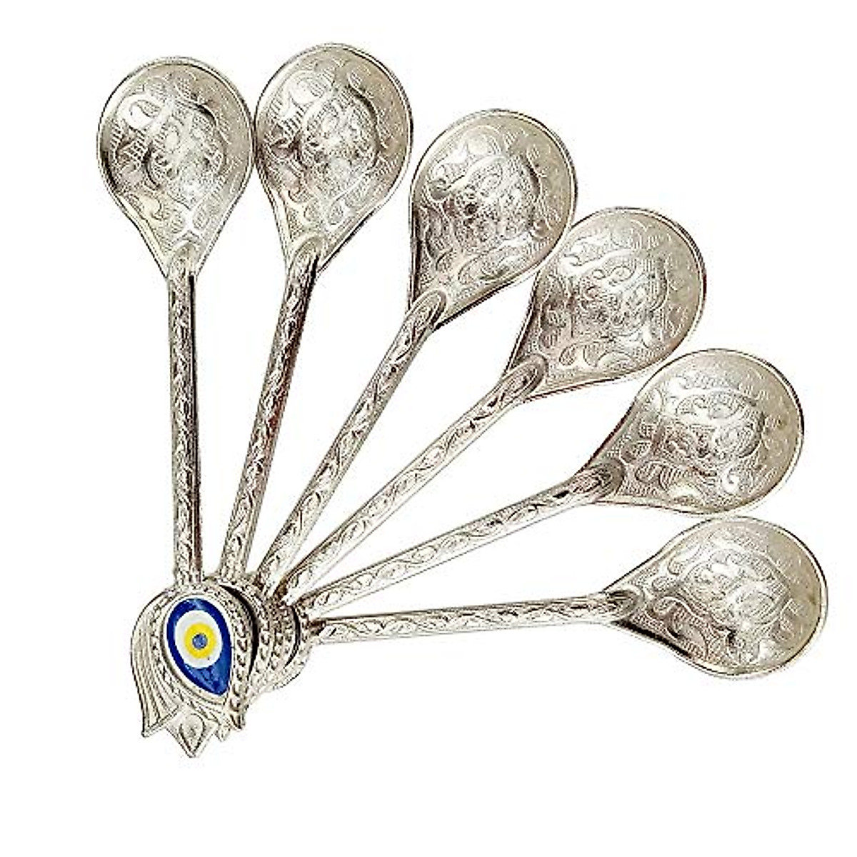 Kuchengerate 6pcs Evil Eye Beady Silver Casting Tea Coffee Stirring Teaspoons 12.7cm/5" inc Unique Nazar Design - a Different Product Dazzling - Suitable for Dessert Espresso Ice Cream - Best Gift Set