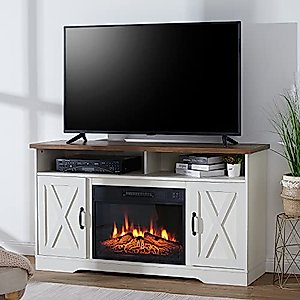 AMERLIFE Fireplace TV Stand 54'' Farmhouse Barn Door Entertainment Center for TVs up to 60'' Mordern Media Console Table with 2 Open Shelves and Cabinets, Rustic Oak & White, 30'' H/with Fireplace