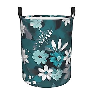 Teal Grey And White Floral Printed Laundry Hamper,Round Laundry Basket,Clothes Hamper With Handle,Collapsible Waterproof For Bedroom