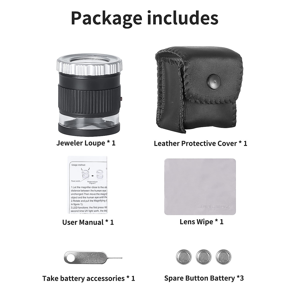 JARLINK 30X Jewelers Loupe, Adjustable Focal Length Magnifier with 3 LED Light for Gems, Jewelry, Coins, Stamps, etc (Black)