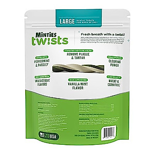 Minties Dental Twists for Dogs, Vet-Recommended Vanilla-Flavored Dental Chews, Dental Treats Clean Teeth, Fight Bad Breath and Removes Plaque and Tartar, Green, 12 Ounce (Pack of 1)