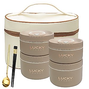 LANSKYWARE Portable Insulated Lunch Container set, Bento Box Adult Lunch Box Set with Insulated Lunch Bag, 4 Separate Stackable Thermal Food Lunch Container for Adult, Brown