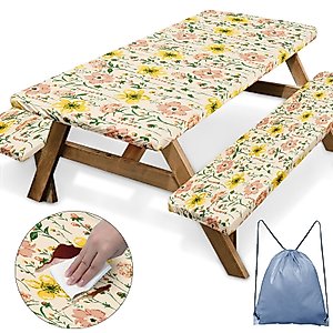 Britown Picnic Table Cover with Bench Covers Elastic Edges, Wild Flower Fitted Table Cover, Outdoor Patio Camping Essentials 72 Inch 3PCS, Waterproof Camping Fitted Tablecloth with Drawstring Bag