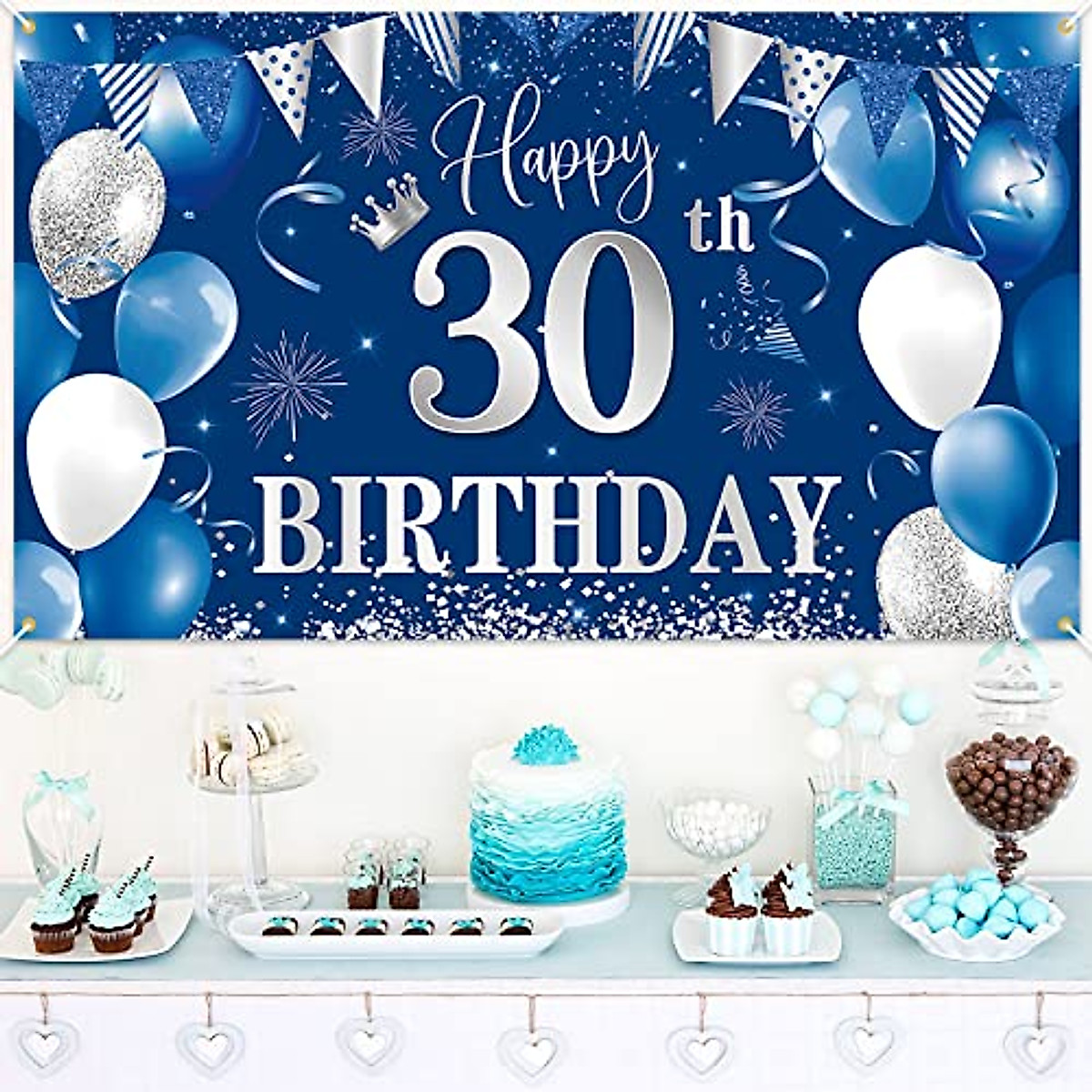 30th Birthday Banner Backdrop,BTZO Happy 30th Birthday Decorations,Blue Silver Fabric Photo Backdrop Background for Men and Women 30th Birthday Party,70.8 x 43.3Inch